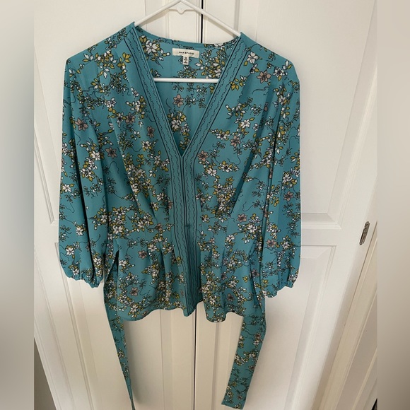 Max Studio | Tops | Teal Max Studio Blouse With Yellow Flowers And Tie ...